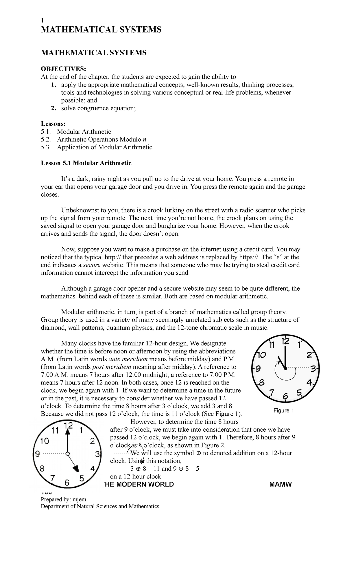 Modular Arithmetic Concepts - MAMW 100 Lesson Notes - Studocu