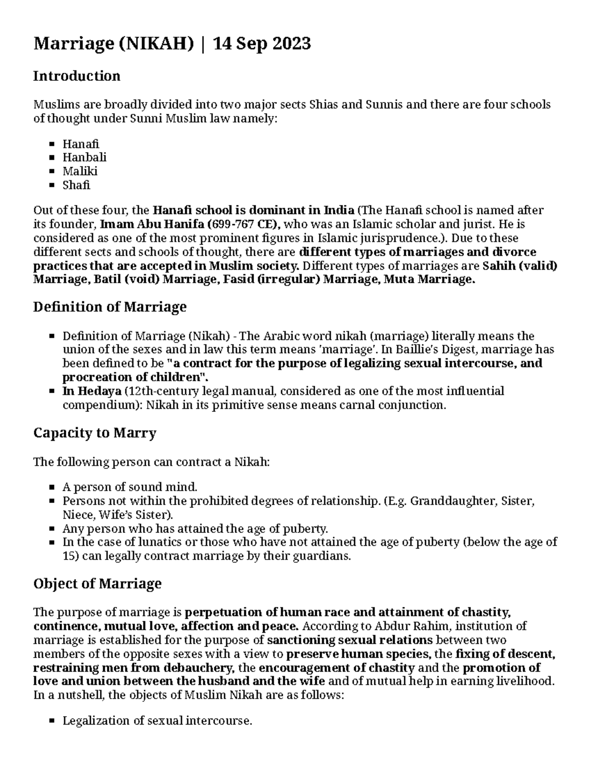 Marriage (NIKAH) Under Muslim Law: Types & Essentials - Studocu