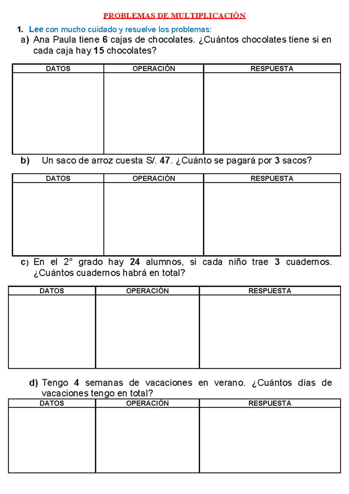 Problemas de Multiplicación para 2° de Primaria - Studocu