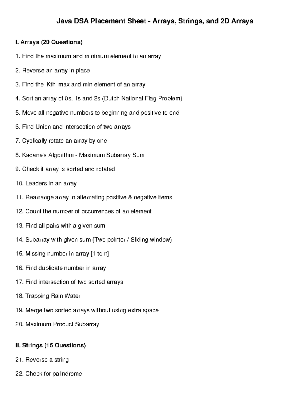 Java DSA Placement Sheet: Arrays, Strings & 2D Arrays (50 Days) - Studocu
