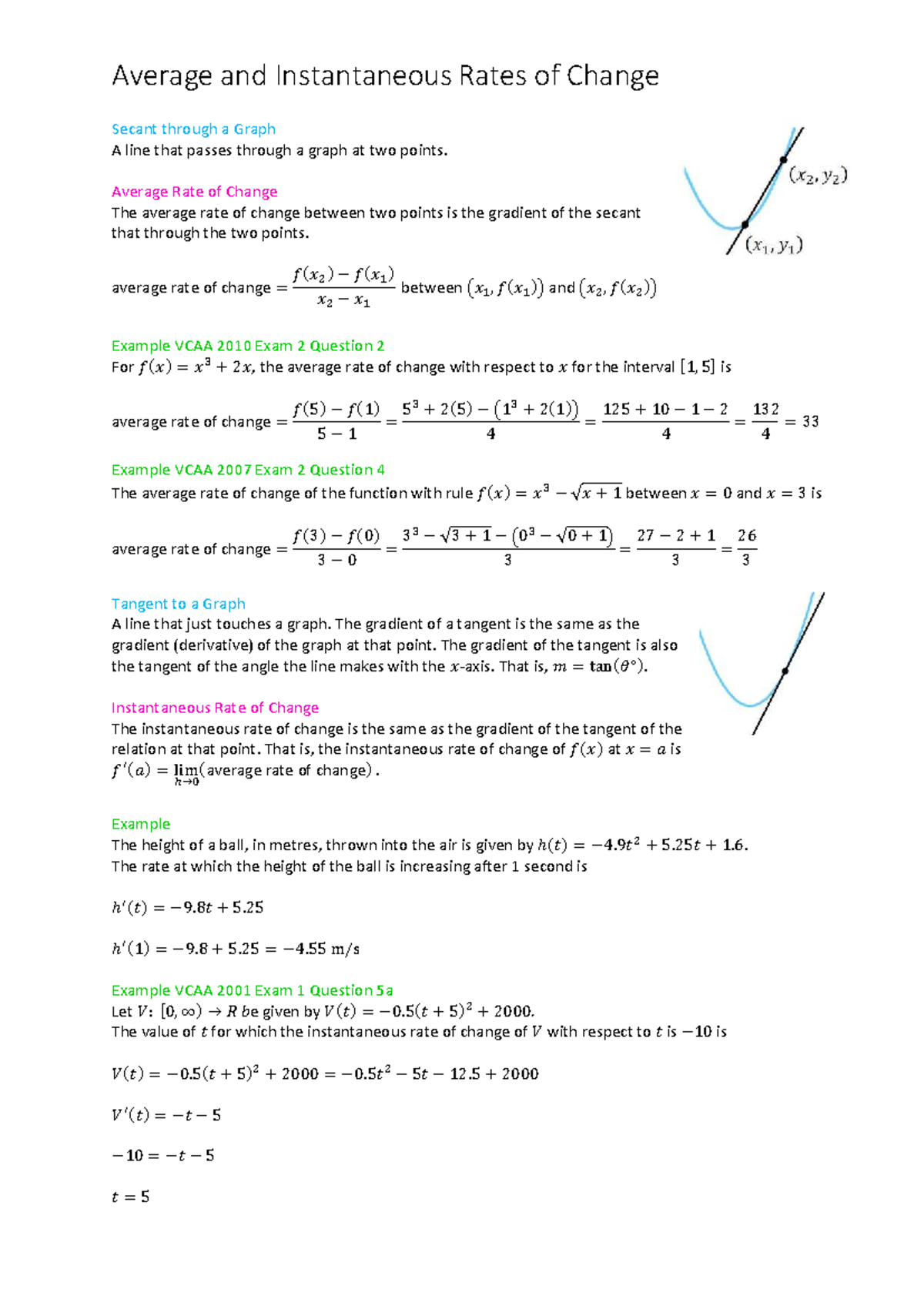 Average and Instantaneous Rates of Change: VCAA Exam Insights - Studocu
