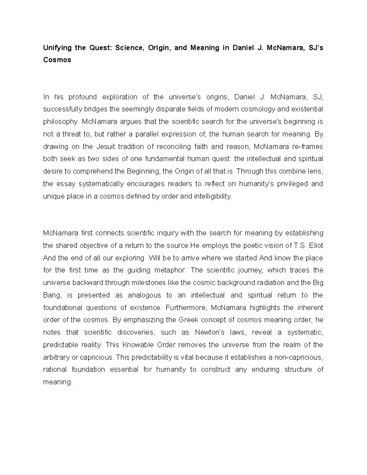 A Return to the Beginning: Exploring Meaning in McNamara's Cosmos - Studocu