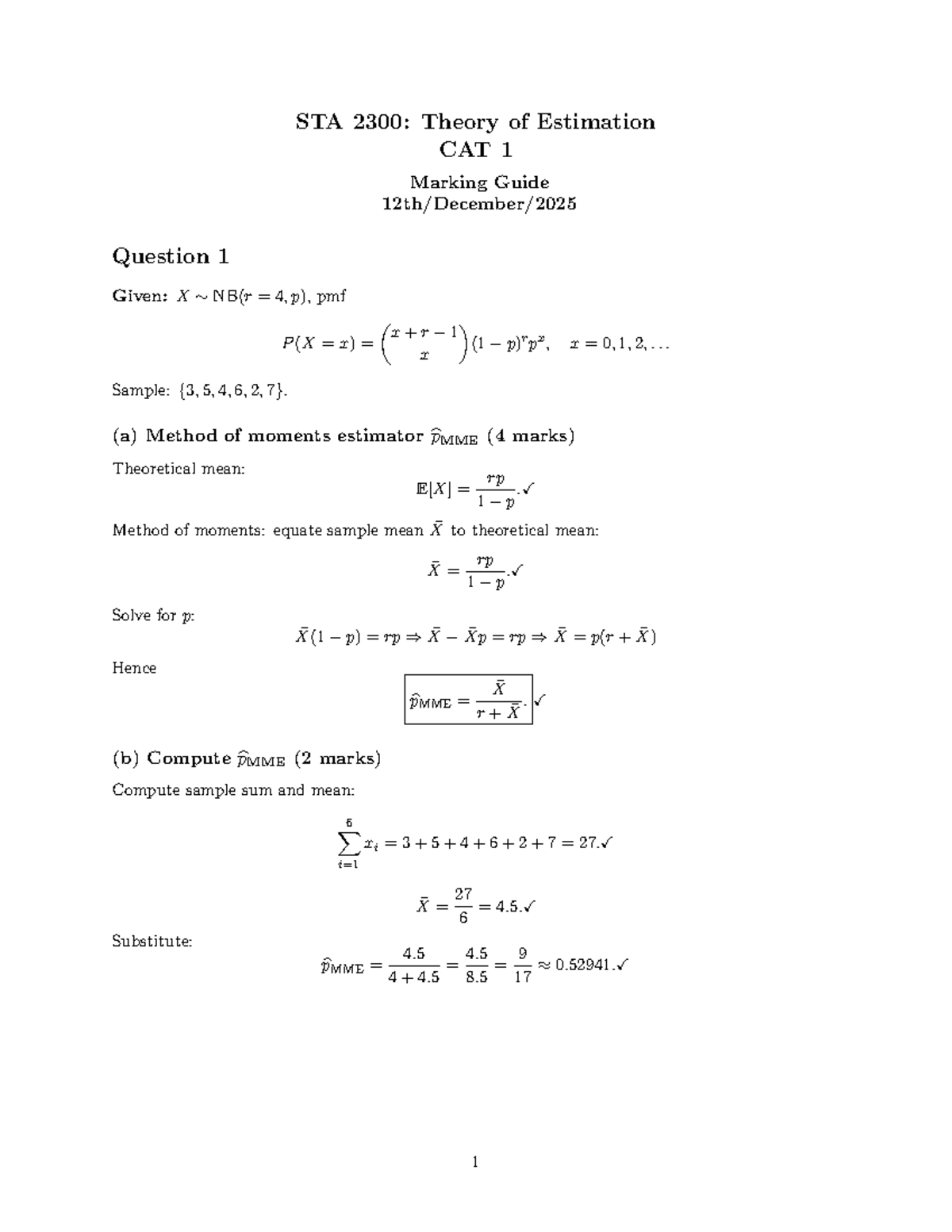 STA 2300: CAT 1 Marking Guide for Theory of Estimation - Studocu