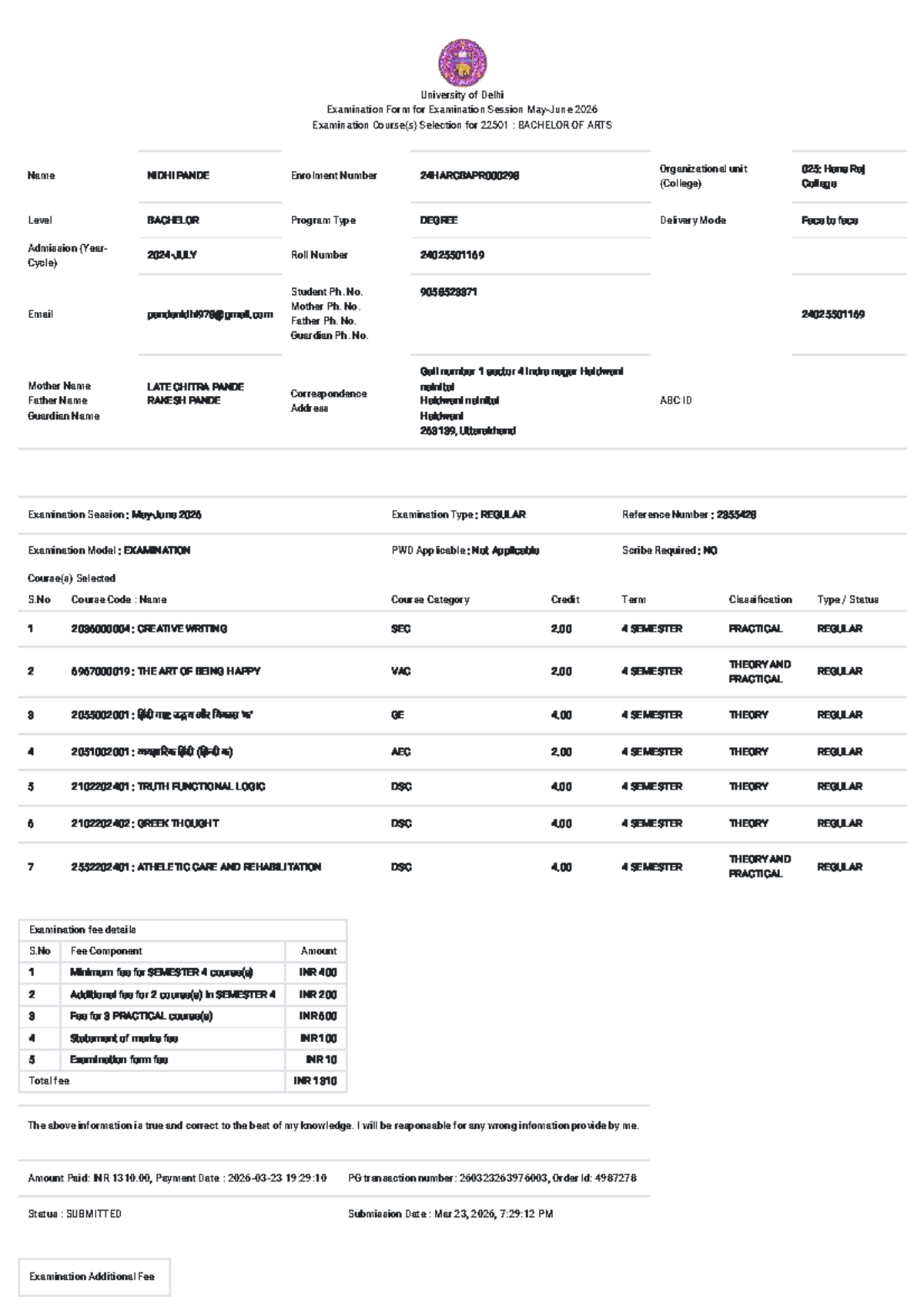 University of Delhi Exam Form Submission for 22501: BA Semester 4 - Studocu
