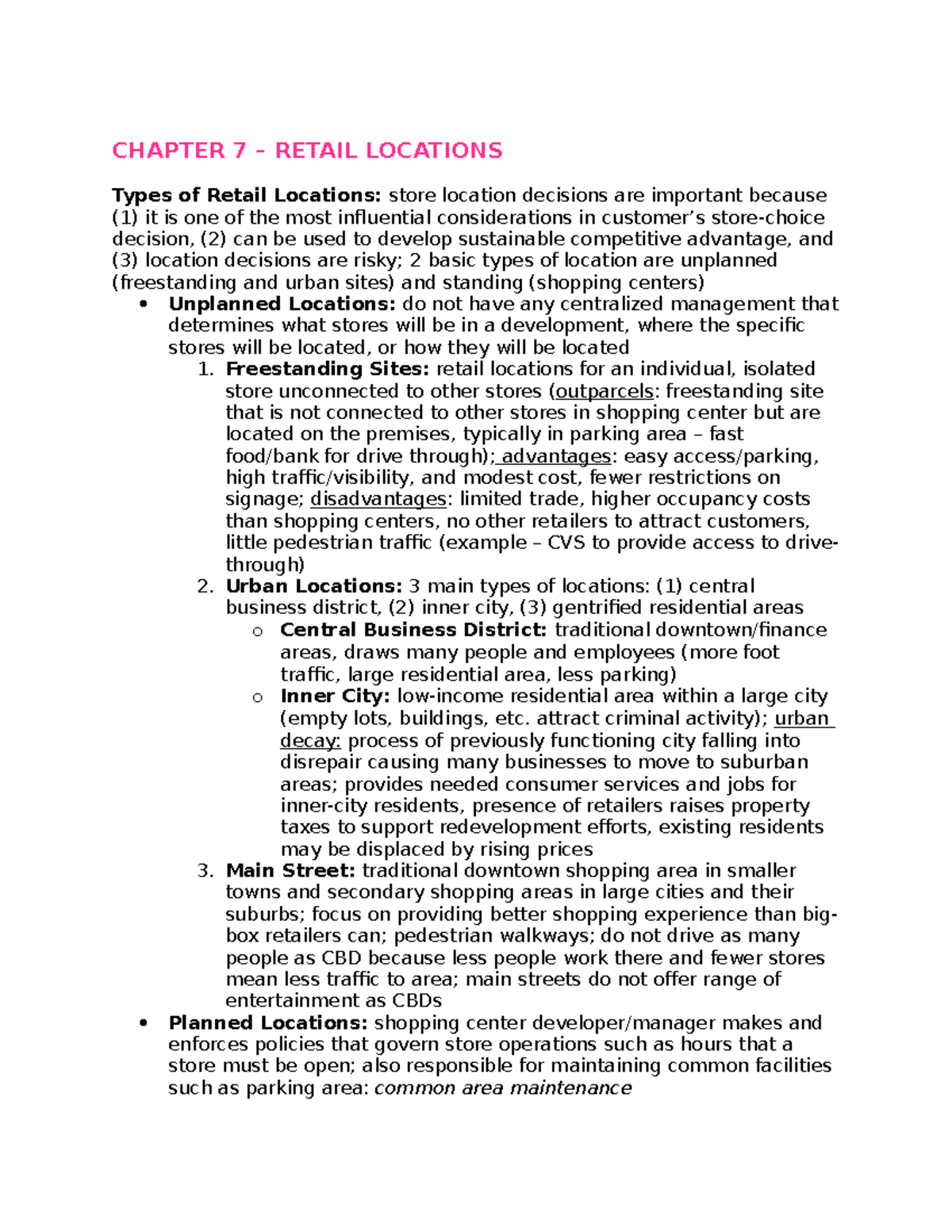Retail Locations Exam 2 Study Guide: Chapter Insights and Analysis ...