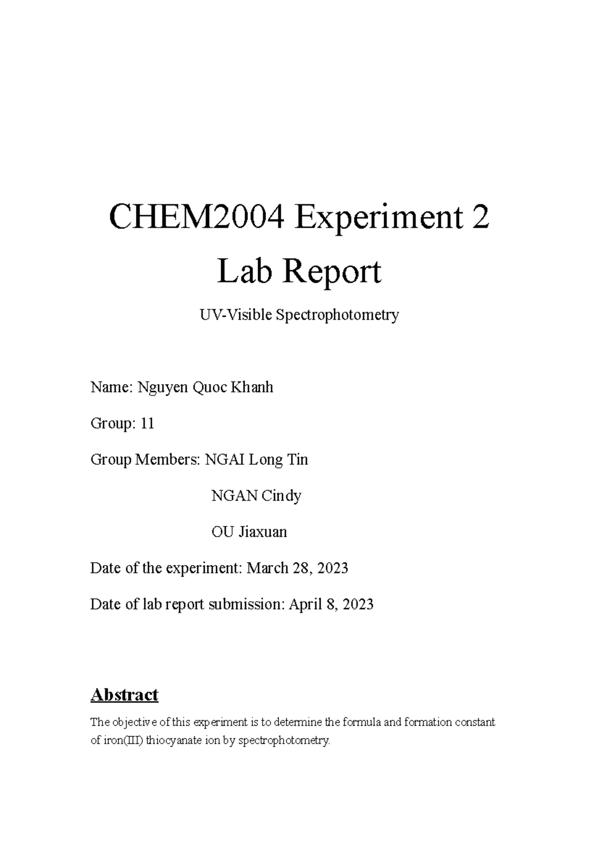 CHEM2004 Experiment 2 Lab Report - CHEM2004 Experiment 2 Lab Report UV ...