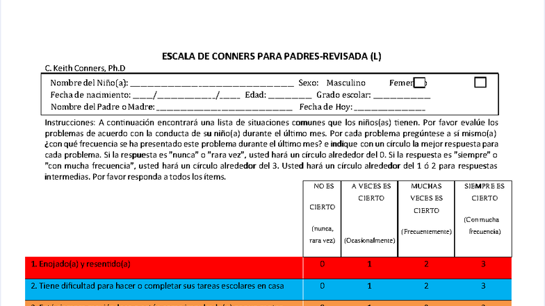 ESCALA DE CONNERS PARA TDAH - C. Keith Conners, Ph.D. - Studocu