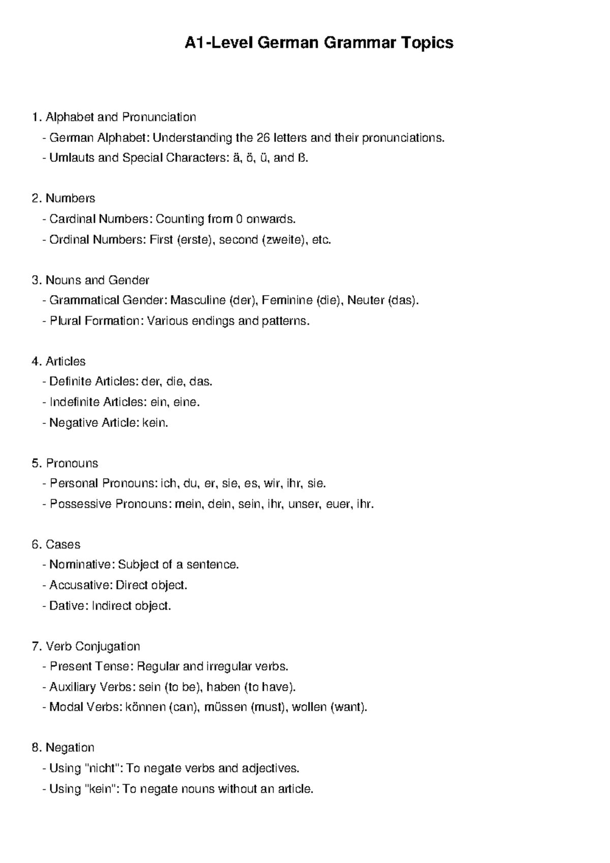 A1-Level German Grammar Topics - Key Concepts and Vocabulary - Studocu