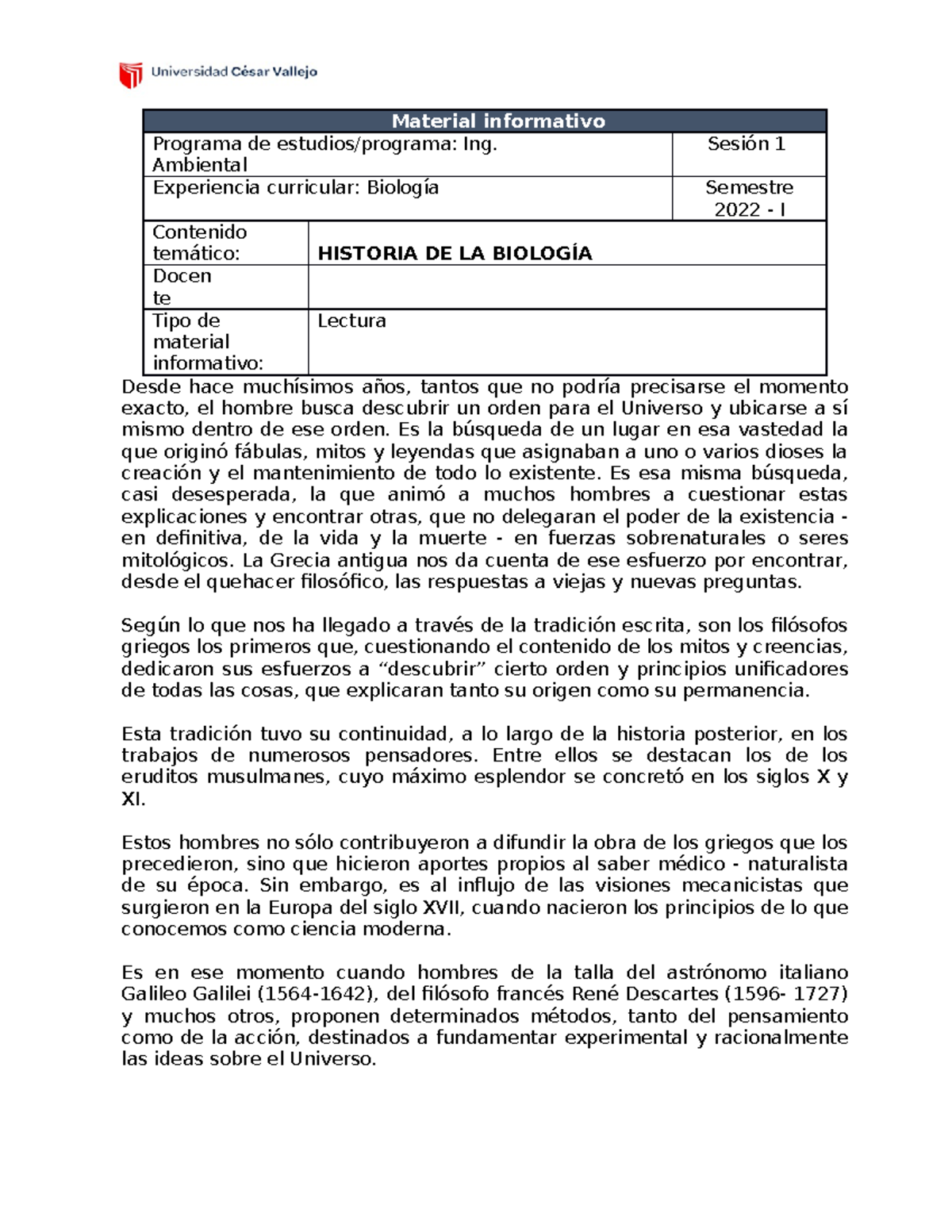 Material - Lectura - Orígenes DE LA Biología - Desde hace muchísimos ...