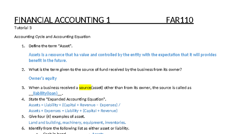 FAR110 Financial Accounting 1 Tutorial 3: Accounting Cycle & Equation ...