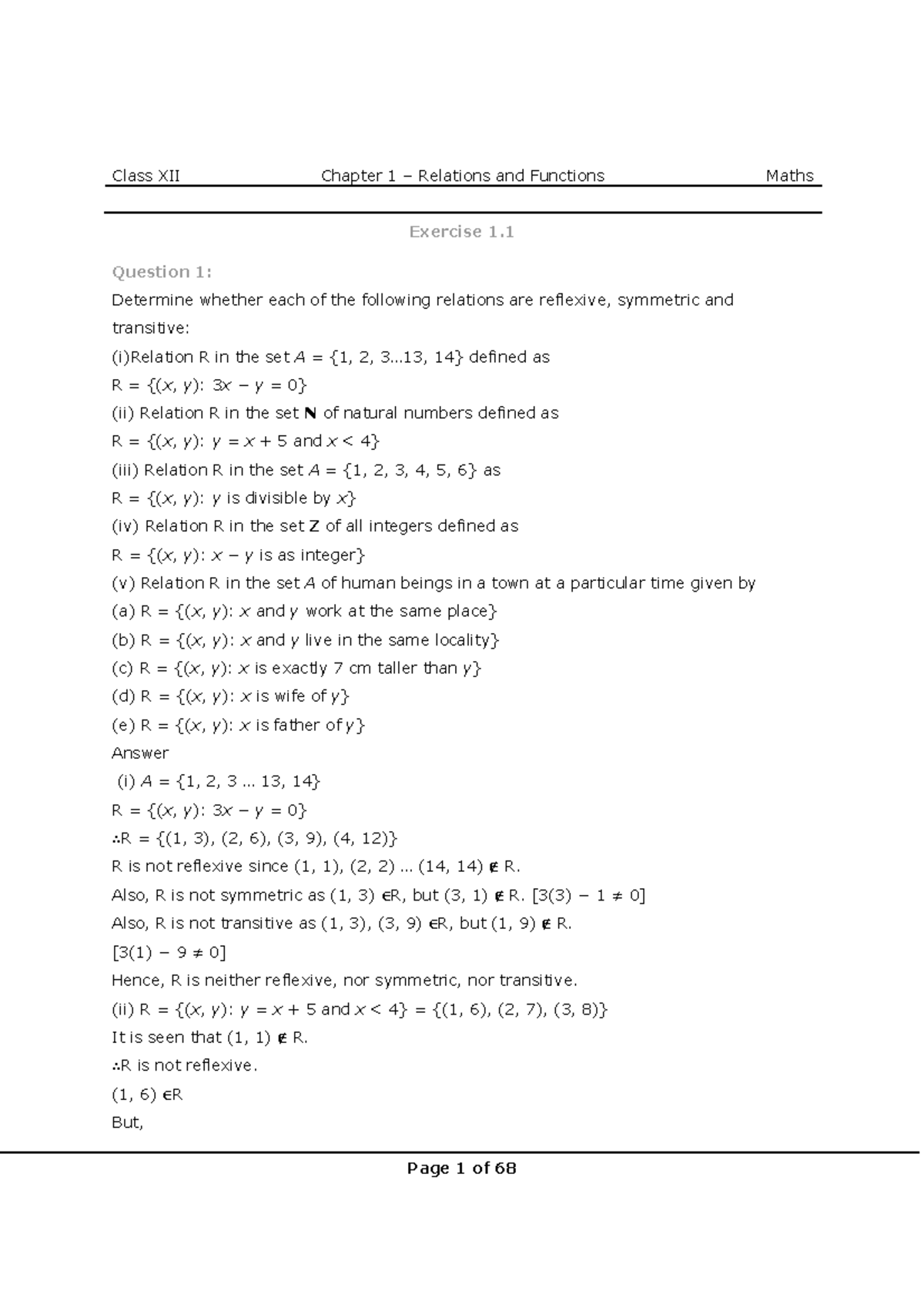 Class XII Maths Chapter 1 Relations and Functions Exercise Solutions - Studocu