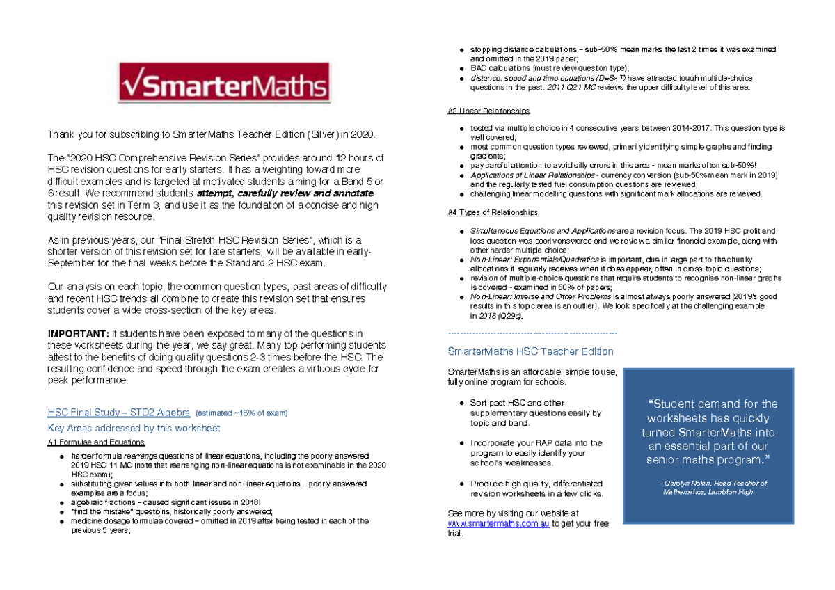 Year 12 STD Maths A4.2: Non-Linear Relationships Revision Guide - Studocu