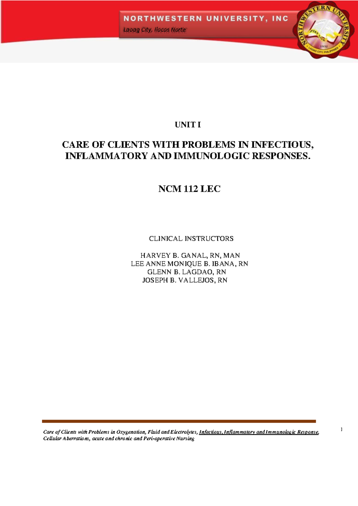 NCM 112 LEC: Handout on Infectious & Immunologic Client Care - Studocu