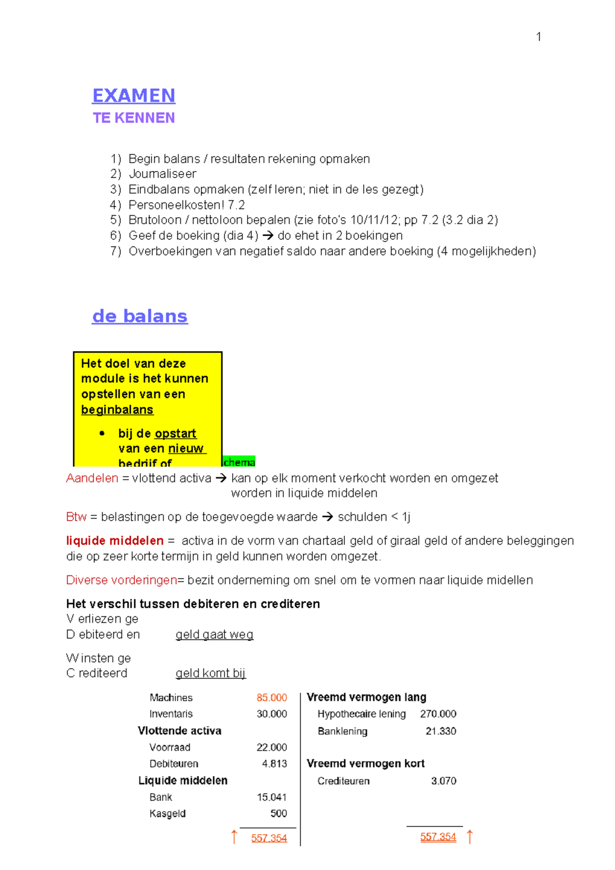 Samenvatting semester 1 - EXAMEN TE KENNEN Begin balans / resultaten ...