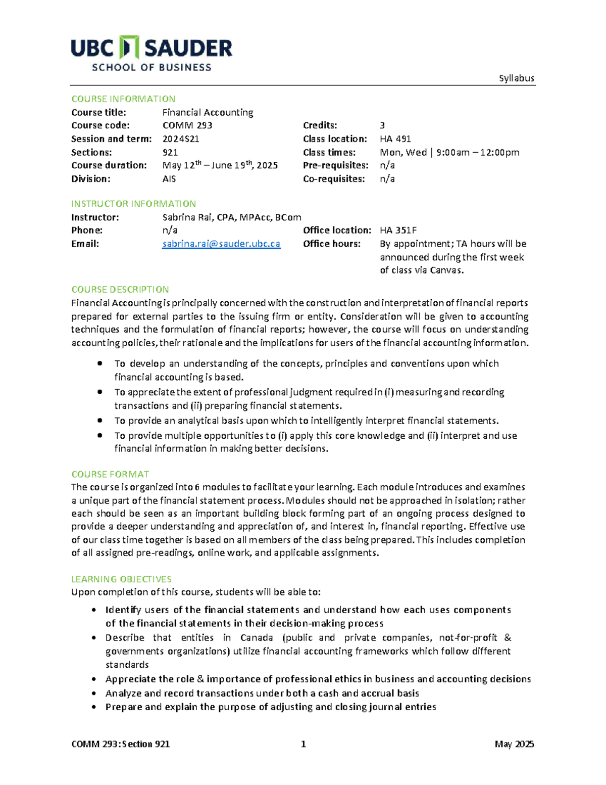 COMM 293 Syllabus: Financial Accounting Course Overview 2024S21 - Studocu
