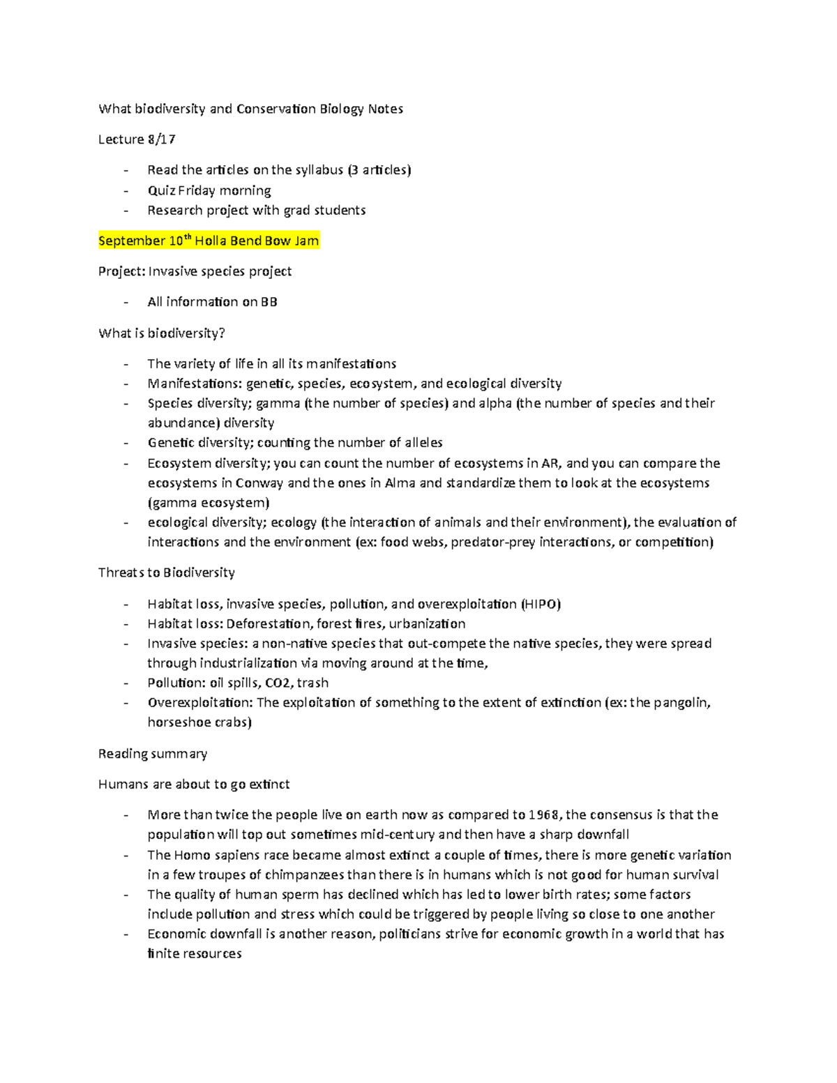 Biodiversity & Conservation Biology Lecture Notes - Course Code BIO 305 ...