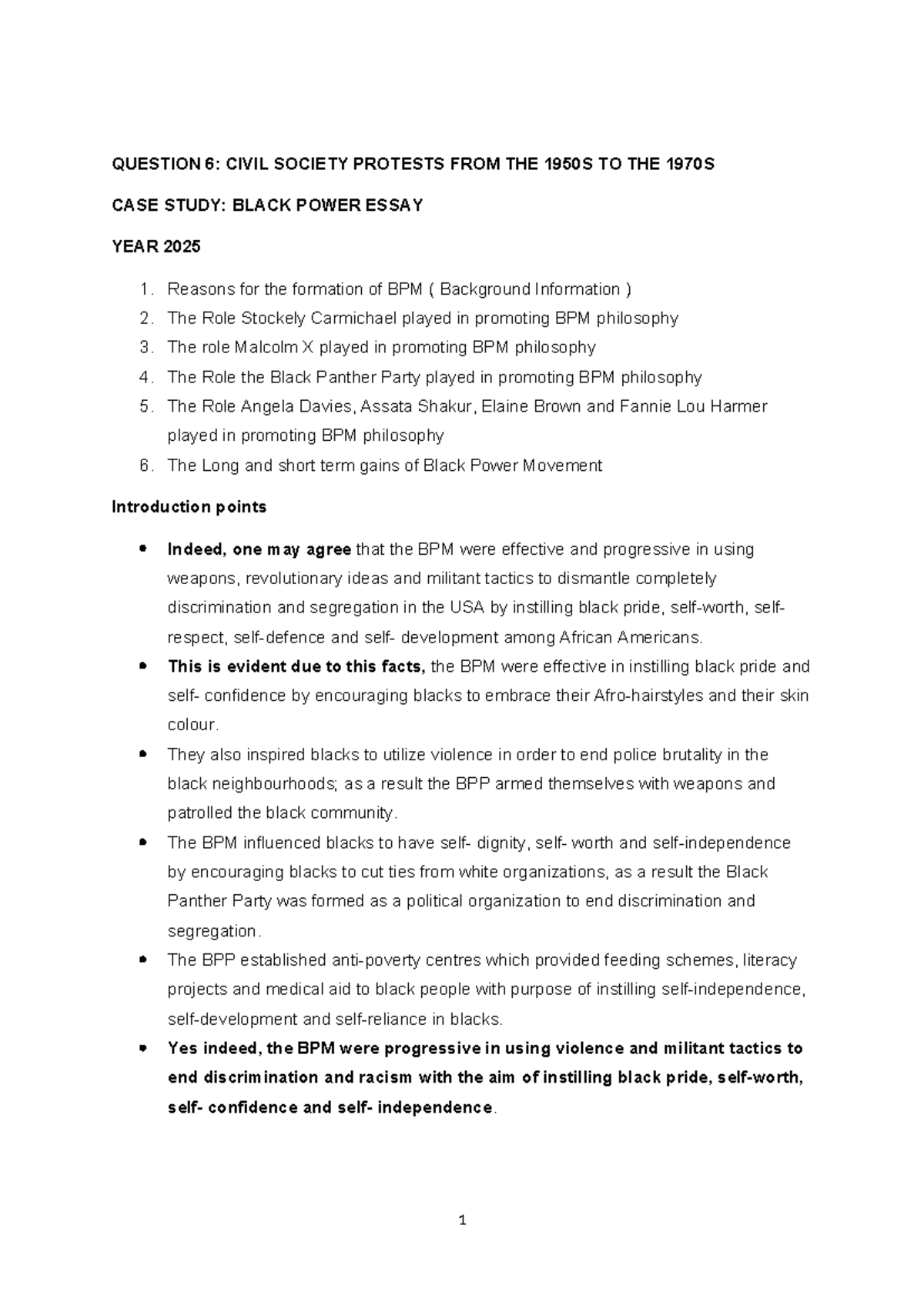 CIVIL SOCIETY PROTESTS: BLACK POWER MOVEMENT CASE STUDY ESSAY 2025 ...