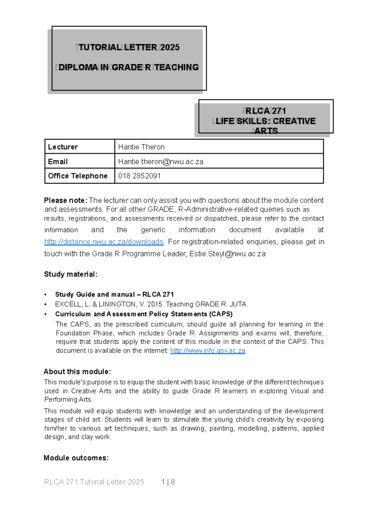 RLCA 271 Tutorial Letter 2025: Creative Arts in Grade R Teaching - Studocu