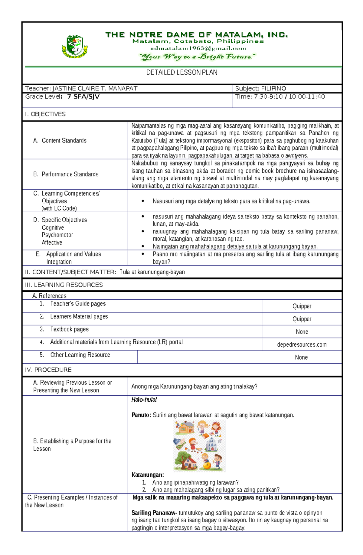 G7-FILIPINO U1L3: Detailed Lesson Plan on Tula and Karunungang Bayan ...
