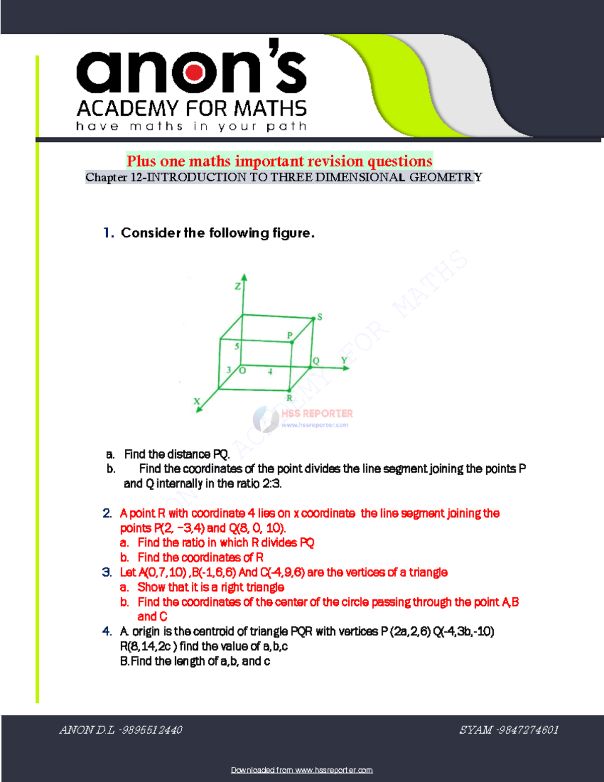 Hssrptr Pls One Maths Ch 12 Three Dimensional GFeometry - ANON D ...