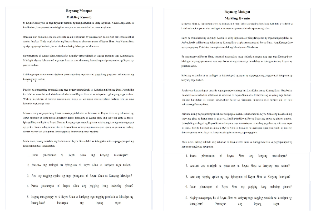 Reynang Matapat: Isang Kwento tungkol kay Reyna Sima - Studocu