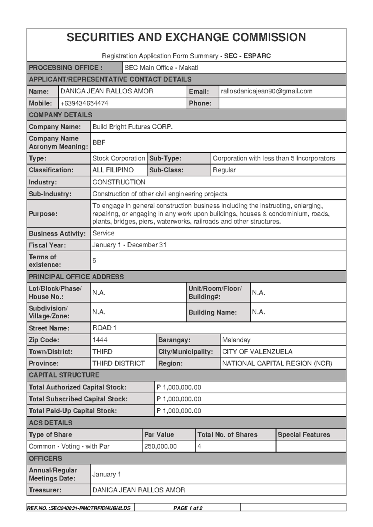SEC Registration Application Summary for Build Bright Futures CORP ...
