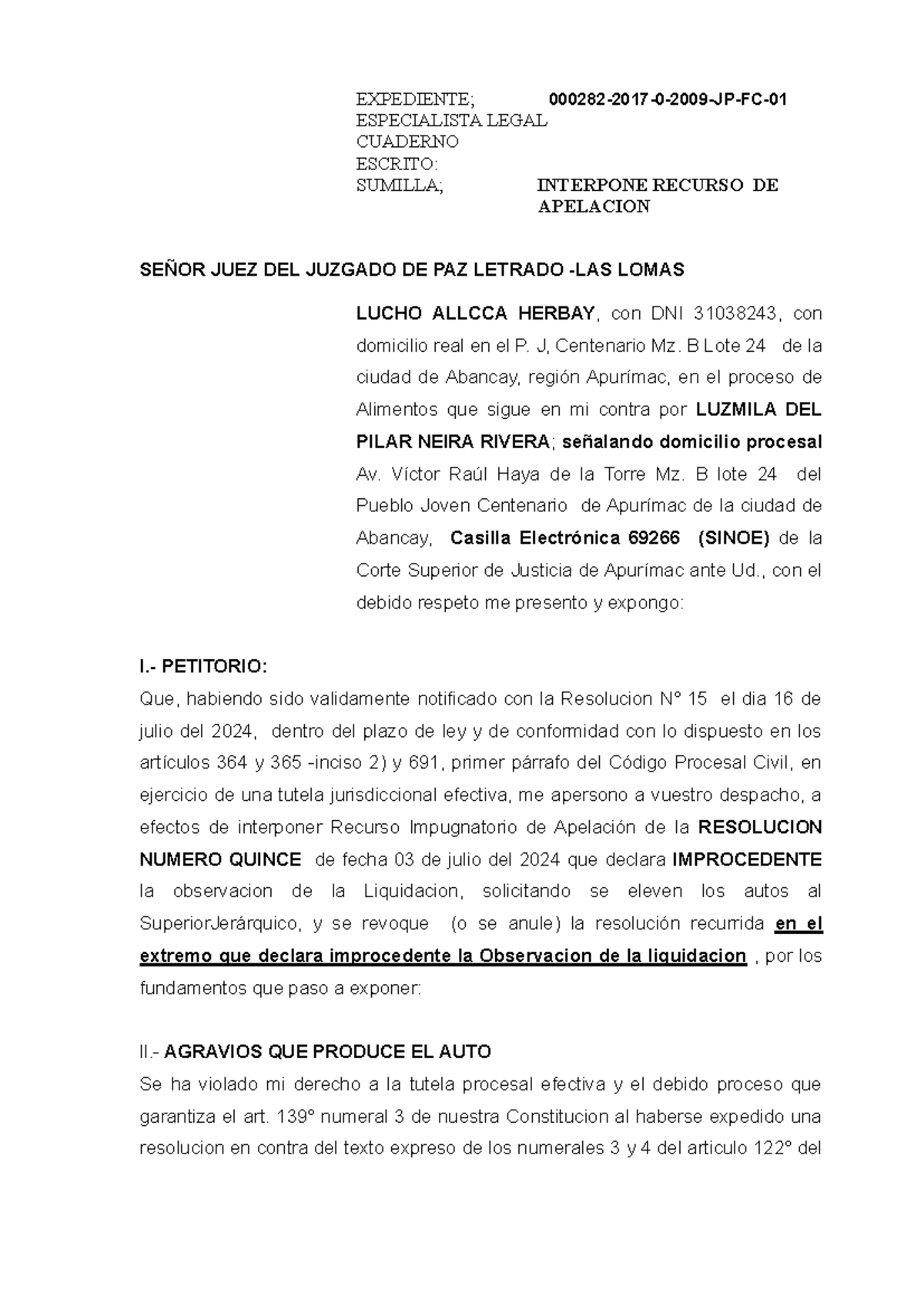 ESCRITO DE APELACIÓN EN DERECHO PROCESAL CIVIL - DNI 31038243 - Studocu