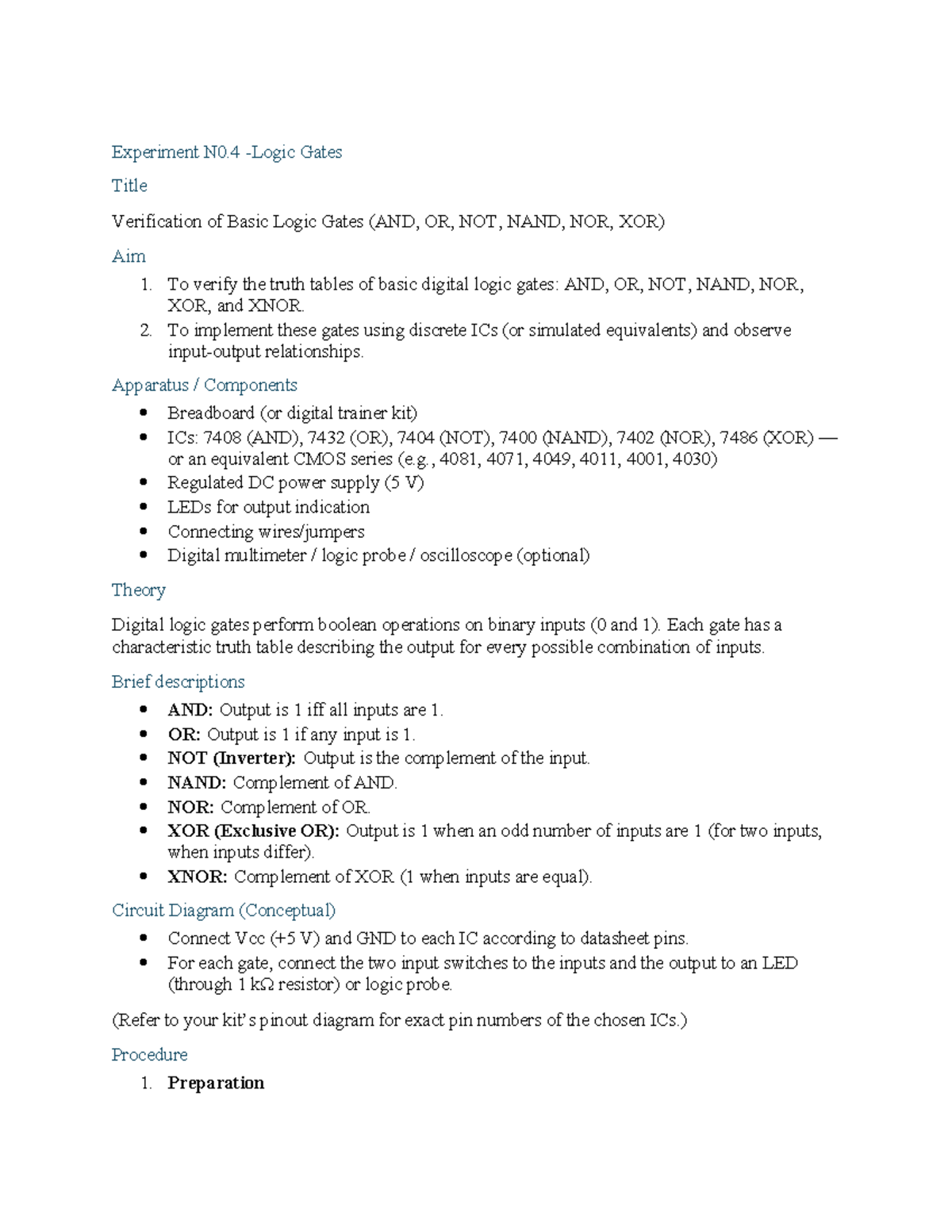 Logic Gates Experiment N0.4: Verification of Basic Logic Gates - Studocu