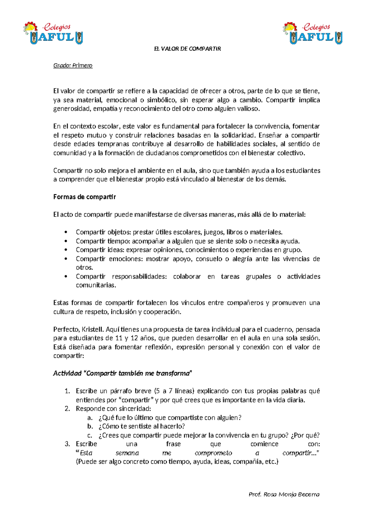 Primero - El Valor de Compartir: Reflexiones y Actividades - Studocu