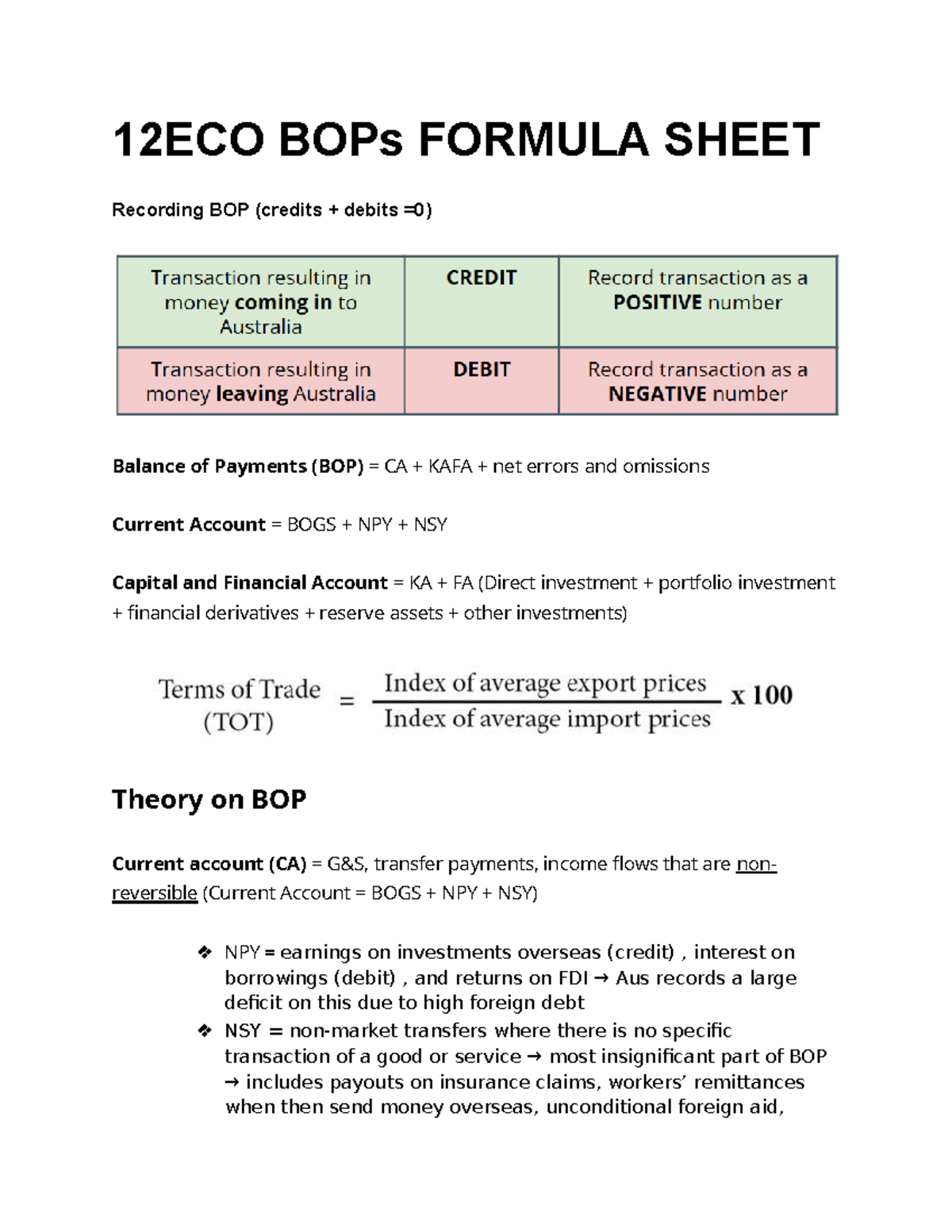 12ECO BOPs Formula Sheet: Key Concepts & Trends in Balance of Payments ...