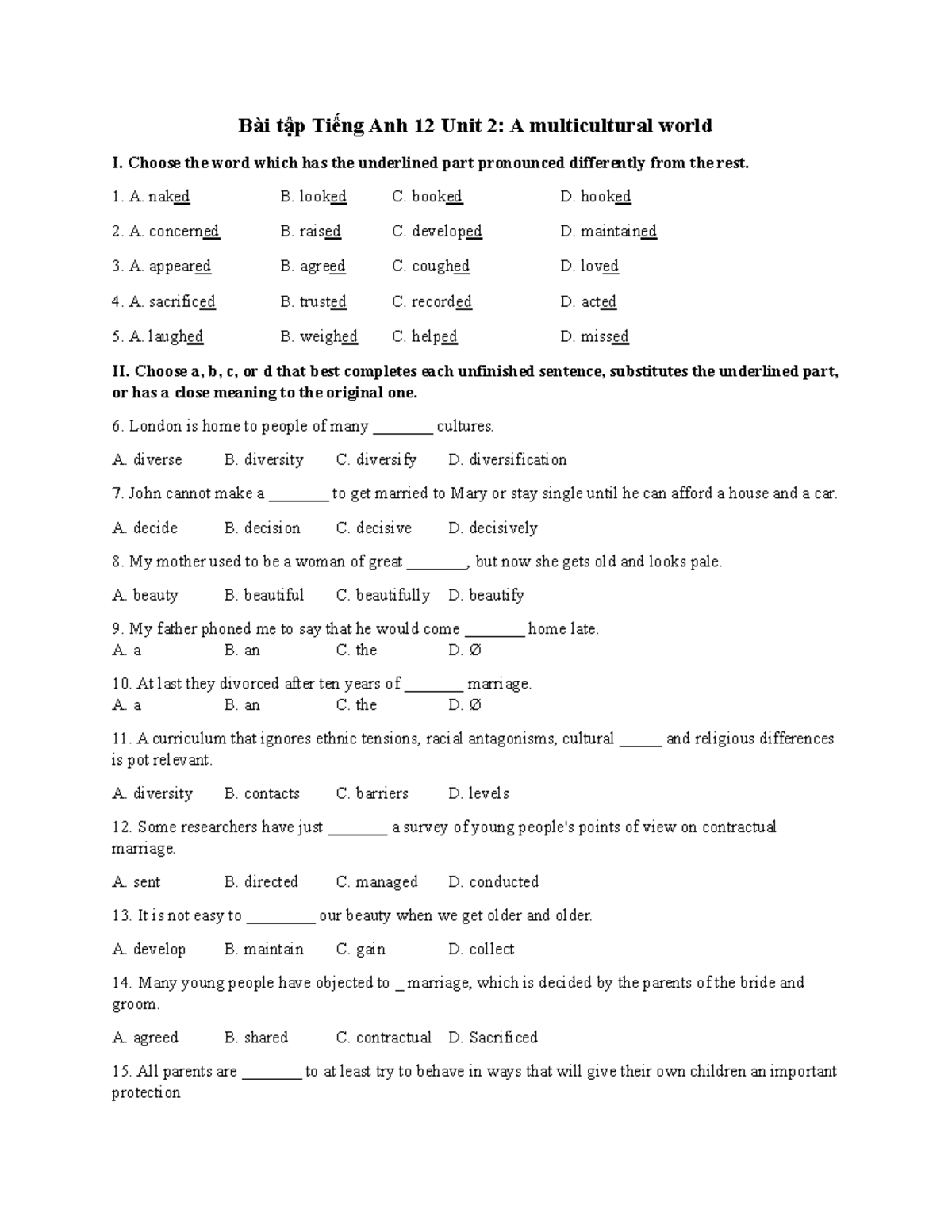Bài tập Tiếng Anh 12: Unit 2 - A Multicultural World Exercises - Studocu