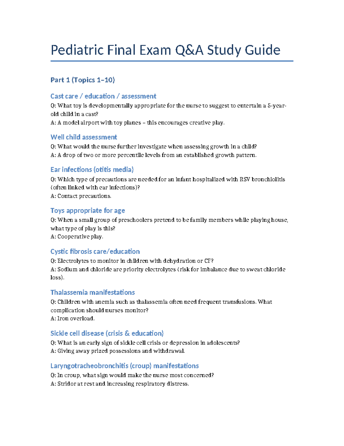 Pediatric Final Exam QA Study Guide: Key Topics & Questions - Studocu