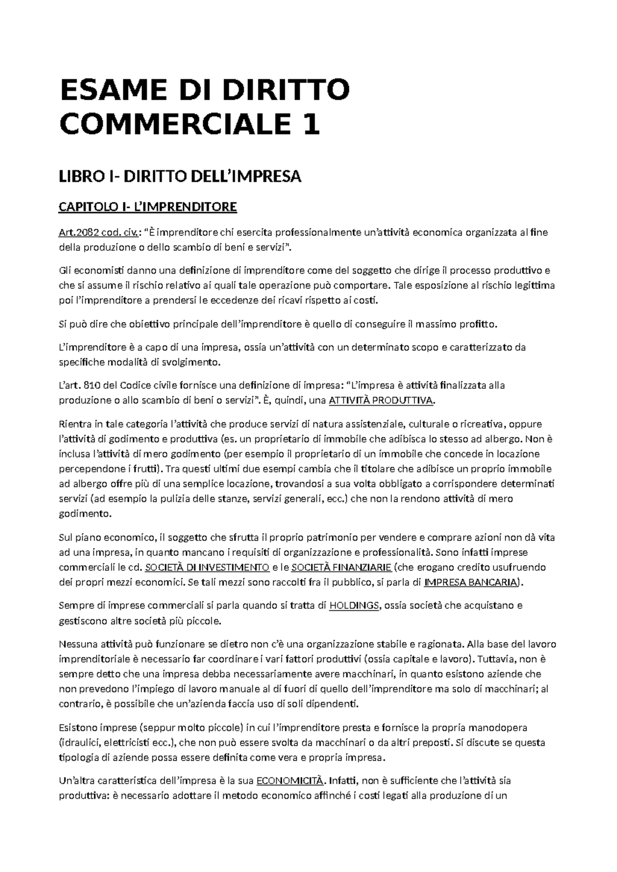 Esame di Diritto Commerciale 1 - Capitolo su Imprenditore e Impresa ...