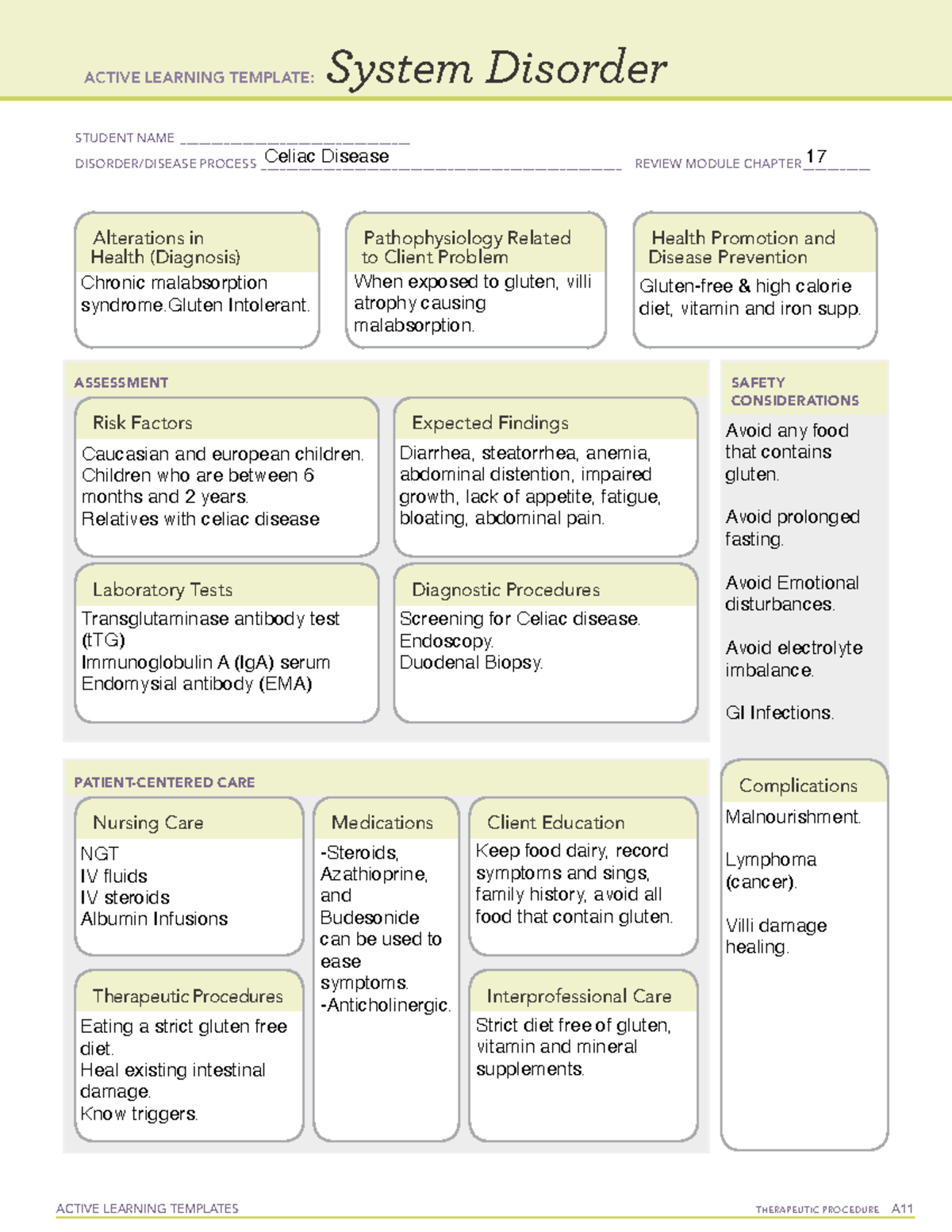 System Disorder Review: Celiac Disease Active Learning Template - Studocu