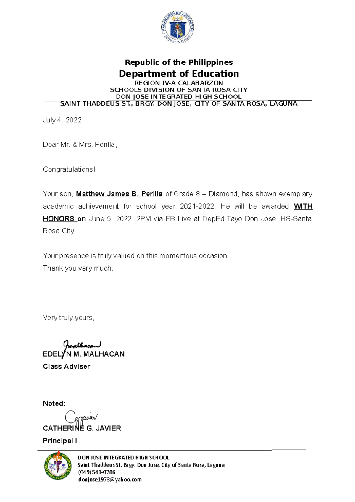 Letter to Parents - Honors Award Ceremony for Grade 8 Students - Studocu