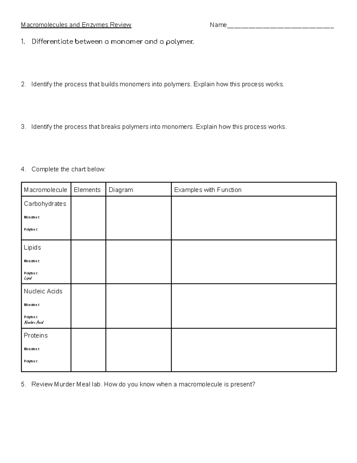 Macromolecules and Enzymes Review Guide (BIO 101) - Studocu