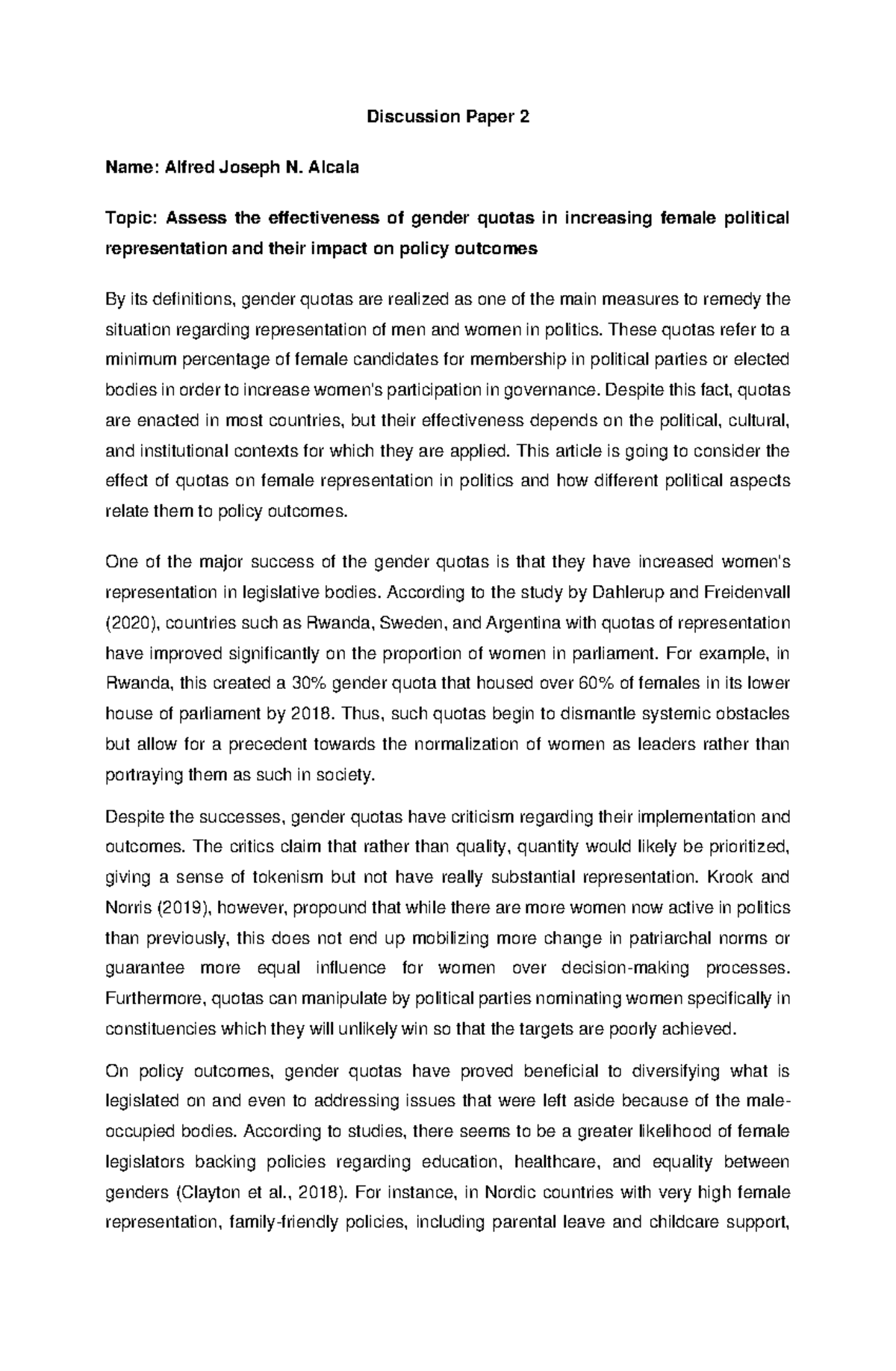 Discussion Paper 2: Gender Quotas and Female Political Representation ...