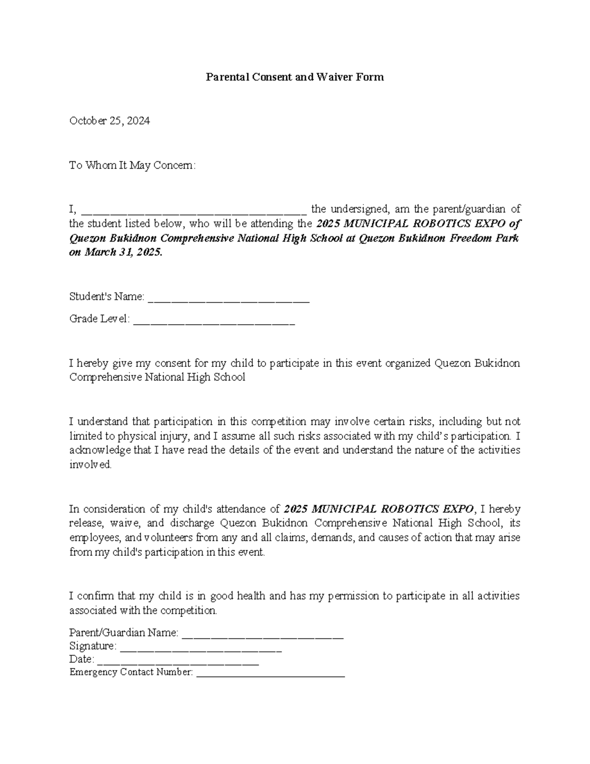 Parental Consent & Waiver Form for 2025 Municipal Robotics Expo - Studocu