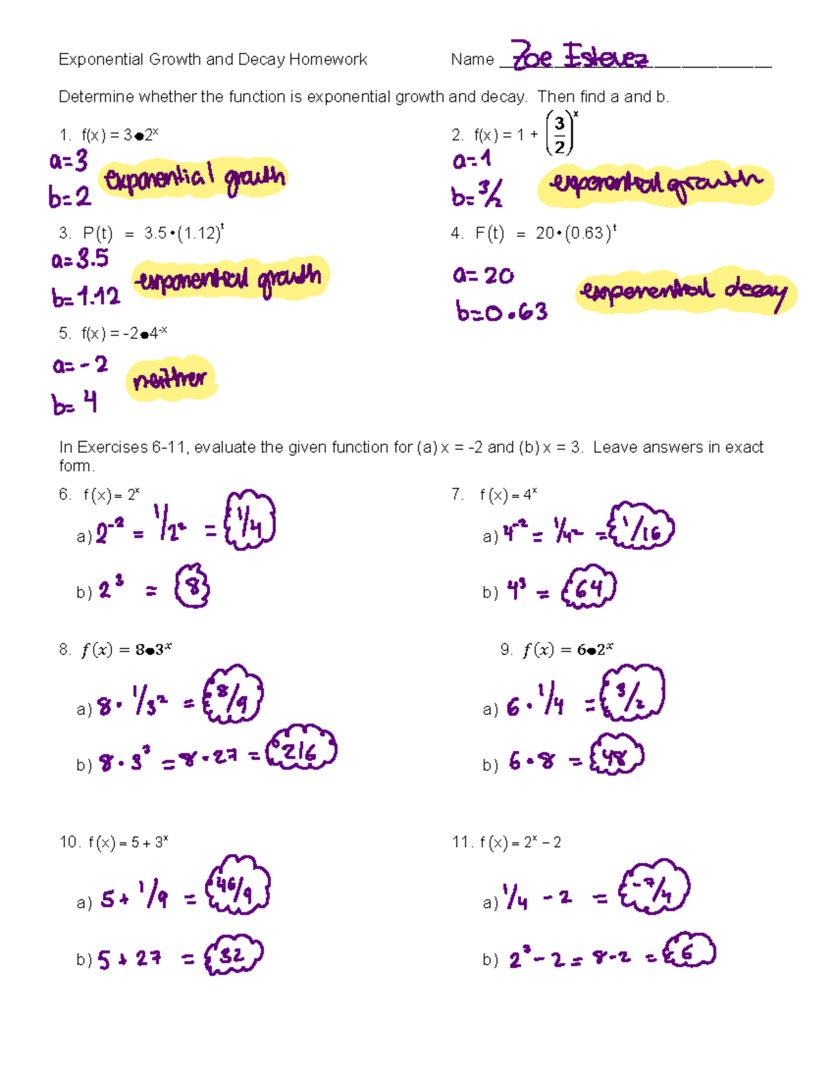 (6.1a) Exponential Growth and Decay Homework Solutions - Studocu