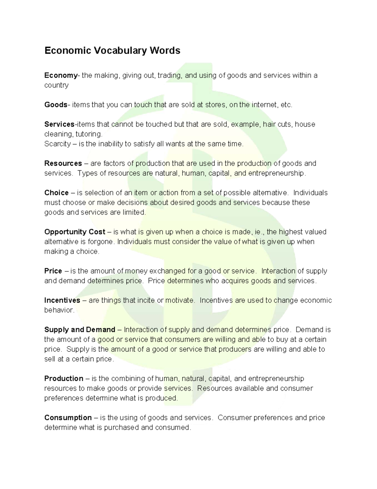 ECO 101: Economic Vocabulary Terms and Definitions for Understanding ...