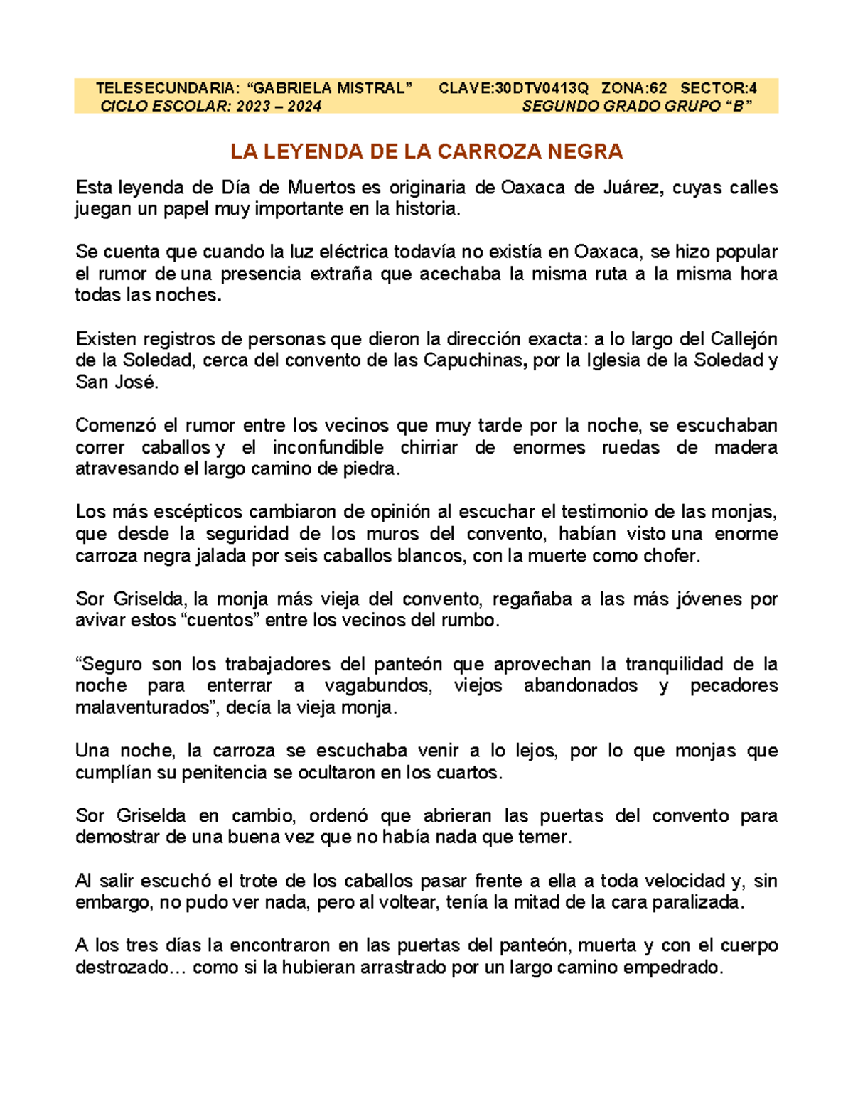 Leyenda 9: La Carroza Negra - Telesecundaria 2023-2024 - Studocu