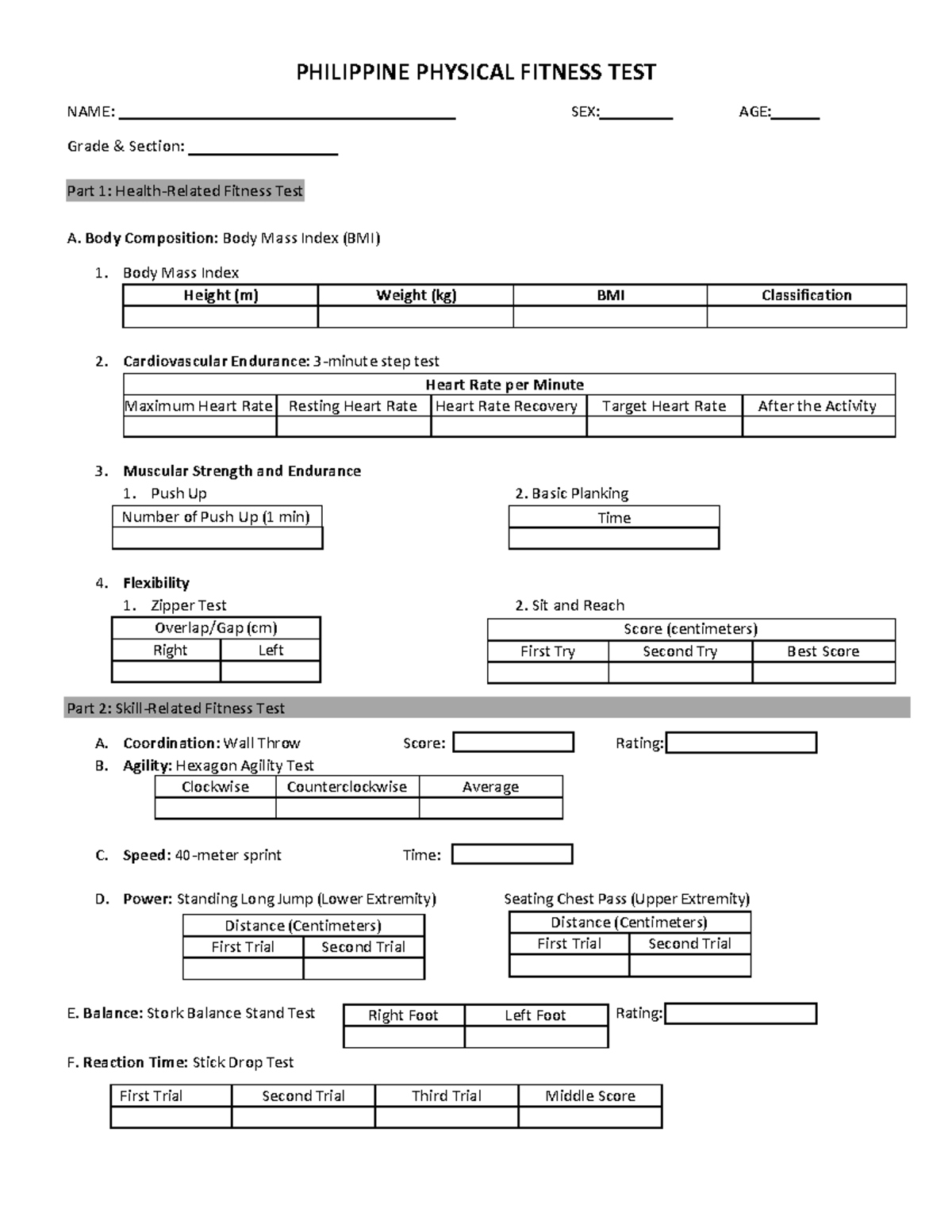 PHYSICAL FITNESS TEST Scorecard Final Assessment 1 - Studocu