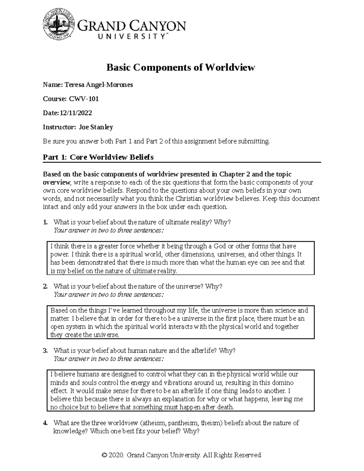 CWV-200 Basic Components of Worldview Assignment - Analysis ...