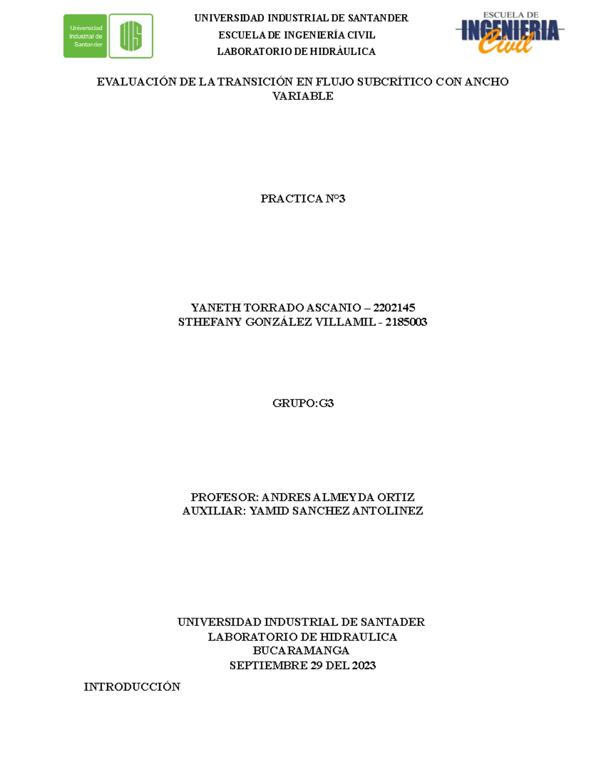 Informe 3: Análisis de la Transición en Flujo Subcrítico - Hidr. - Studocu