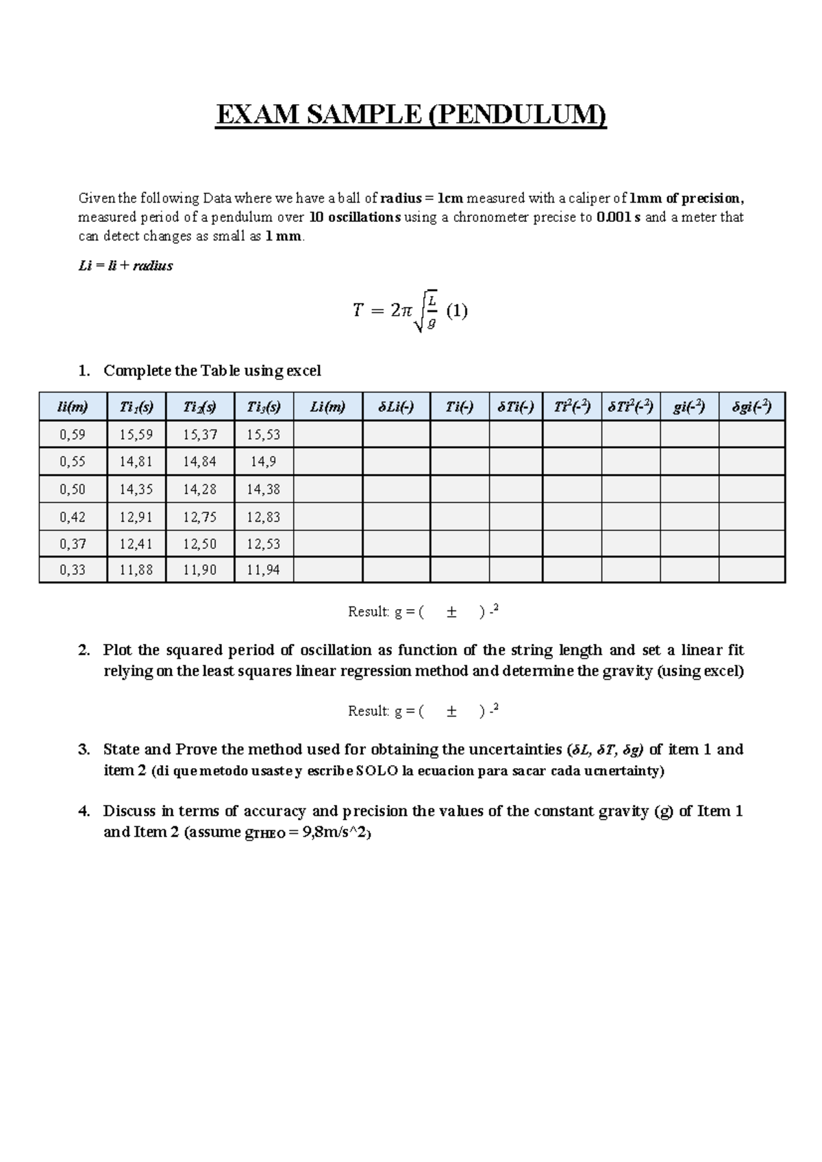 EXAM SAMPLE (PHYSICS LAB) - PENDULUM & ELASTIC CONSTANT - Studocu