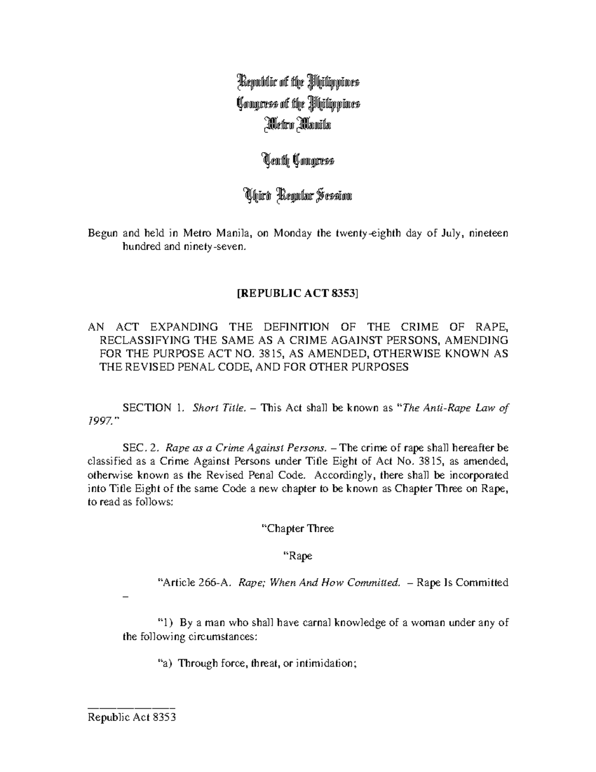 Republic act 8353 - Reviewer - Republic of the Philippines Congress of ...