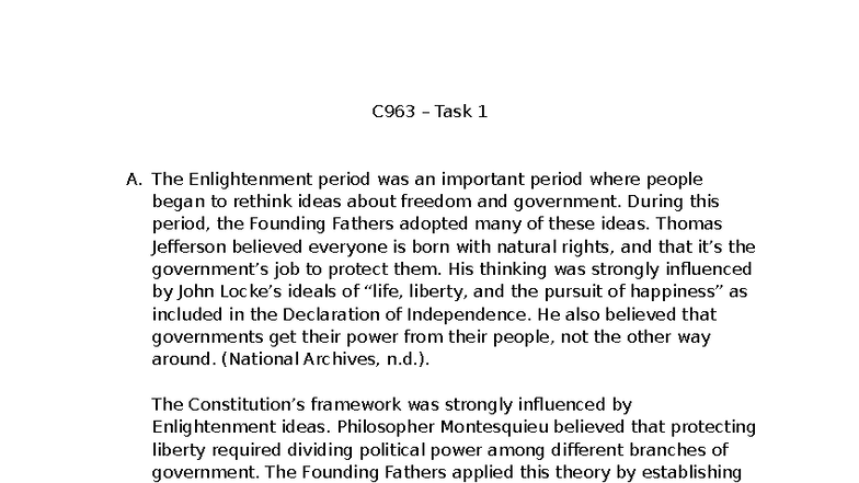 C963 - Task 1 - The Enlightenment's Influence on U.S. Government - Studocu