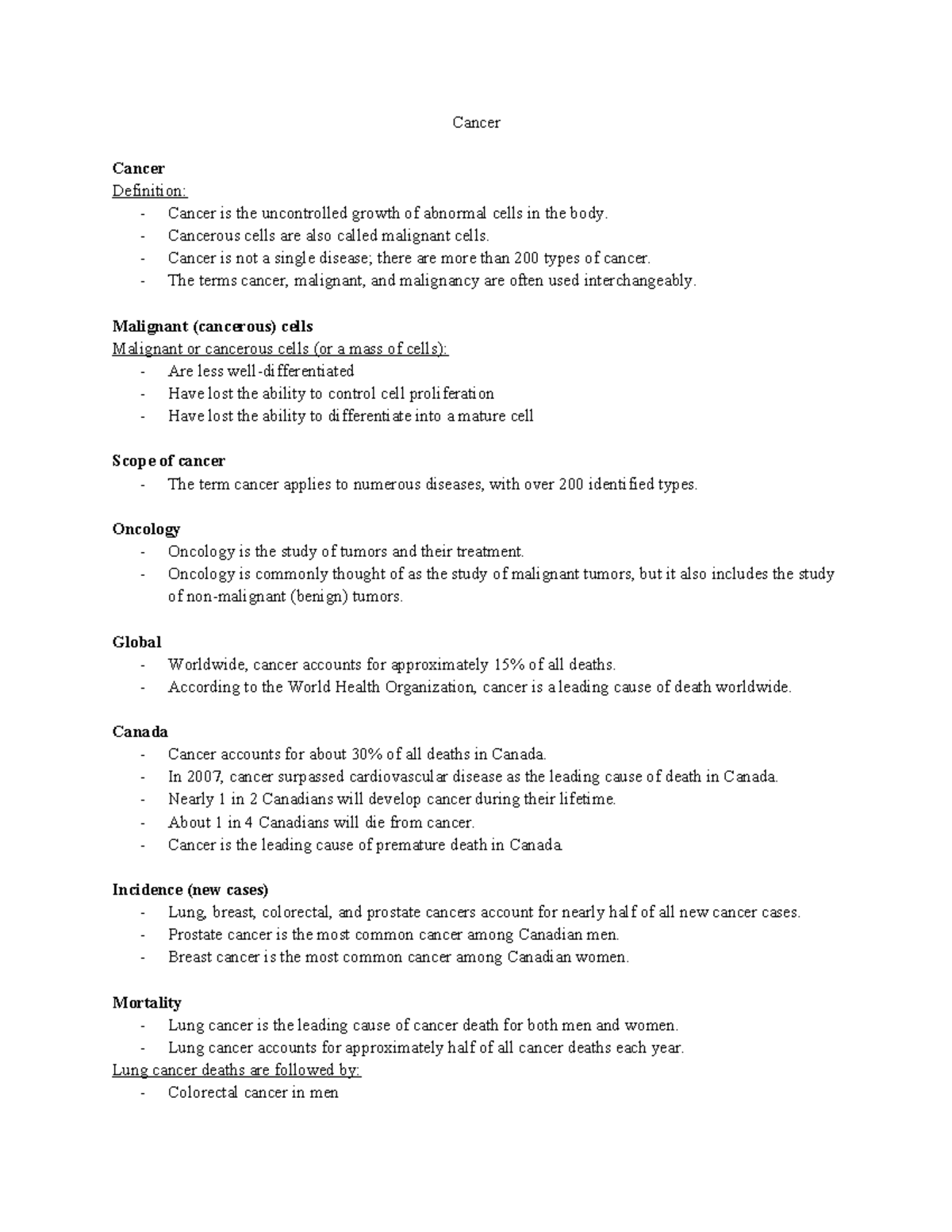 Cancer Overview: Definitions, Types, and Pathophysiology - LEC - Studocu