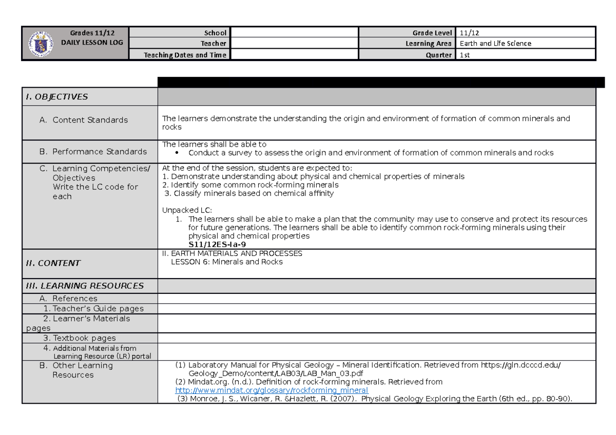 Grades 11 12 Daily Lesson LOG - Grades 11/ DAILY LESSON LOG School ...