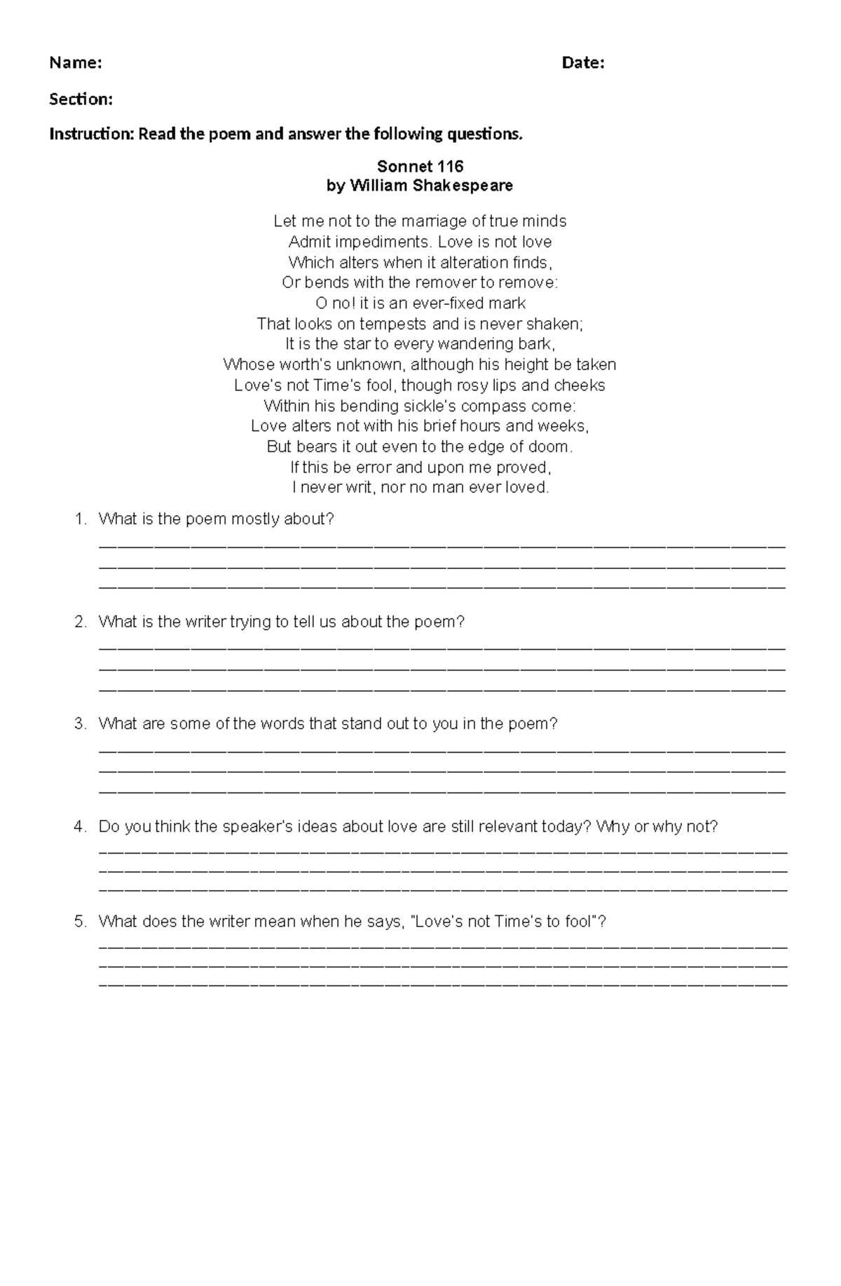 Activity sonnet poem - Name: Date: Section: Instruction: Read the poem ...